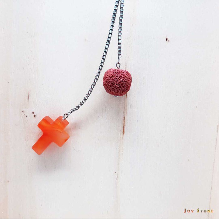 Red Onyx Cross Diffuser Lava Beaded Y-Necklace Titanium Steel Mid Length