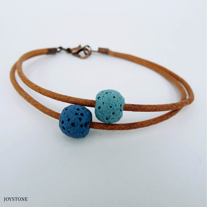Blue Double Beads Aroma Rock Double Brown Leather Bracelet with Clasp