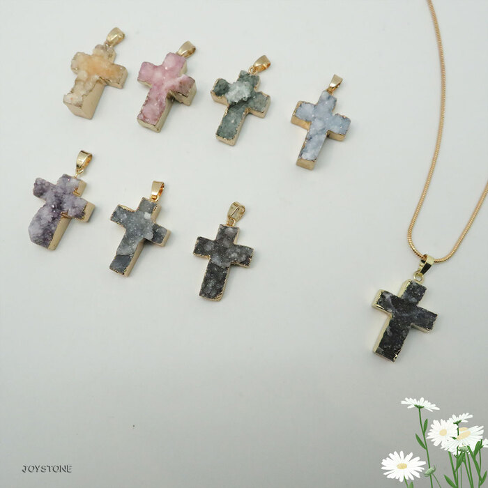 Gold plated Raw Mineral Cross Necklace Vug Raw Stone 70cm Snake Chain