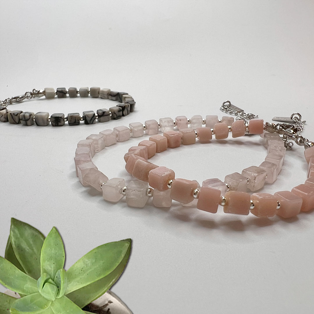 Thin Bracelet Silver Balls Black Veined Jasper Rose Quartz Pink Opal Cubes Option Logo Link Dangle
